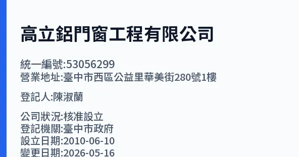 高立鋁門窗工程有限公司的照片-統編 53056299(臺中市) 公司登記資料與營業項目詳細圖表