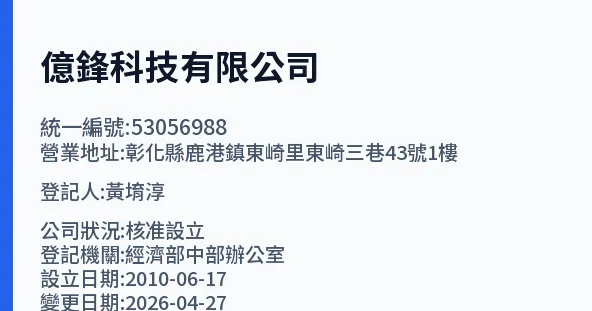 億鋒科技有限公司的照片-統編 53056988(彰化縣) 公司登記資料與營業項目詳細圖表