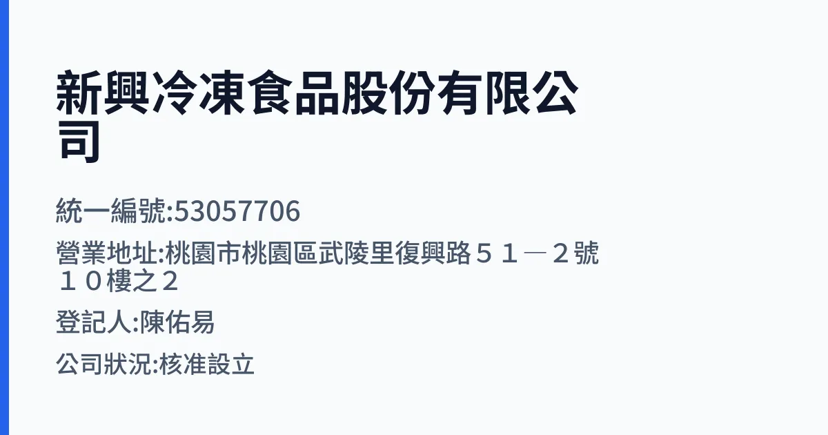 新興冷凍食品股份有限公司 - 統編 53057706(桃園市) 公司登記資料與營業項目詳細圖表