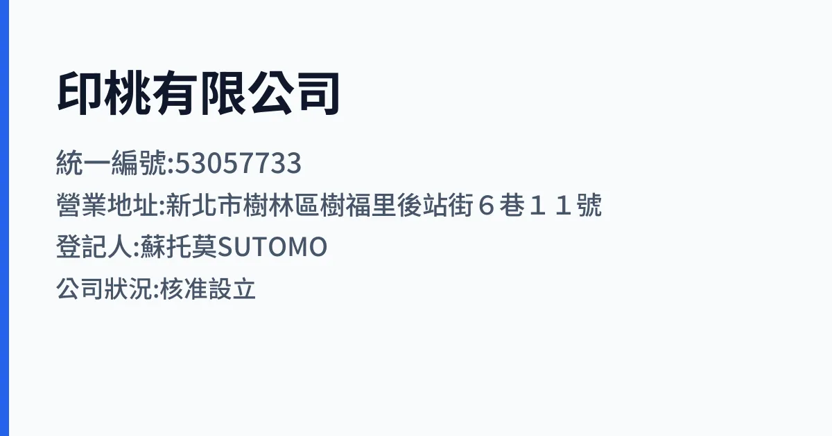 印桃有限公司 - 統編 53057733(新北市) 公司登記資料與營業項目詳細圖表