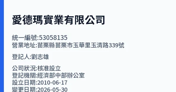 愛德瑪實業有限公司的照片-統編 53058135(苗栗縣) 公司登記資料與營業項目詳細圖表