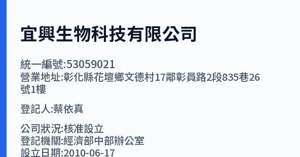 宜興生物科技有限公司的照片-統編 53059021(彰化縣) 公司登記資料與營業項目詳細圖表