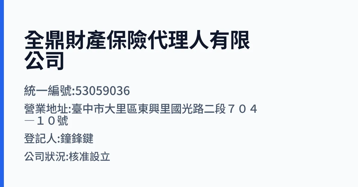 全鼎財產保險代理人有限公司 - 統編 53059036(臺中市) 公司登記資料與營業項目詳細圖表