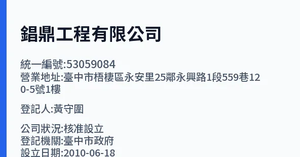 錩鼎工程有限公司的照片-統編 53059084(臺中市) 公司登記資料與營業項目詳細圖表