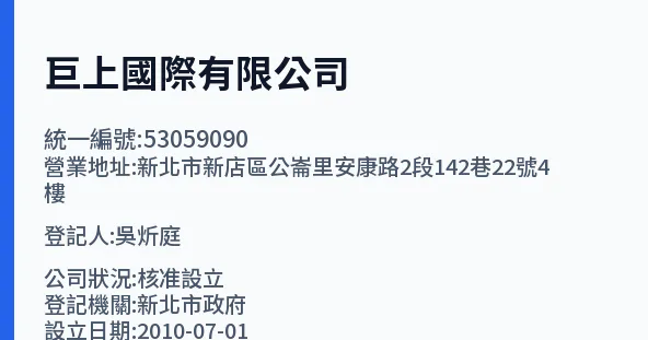 巨上國際有限公司的照片-統編 53059090(新北市) 公司登記資料與營業項目詳細圖表