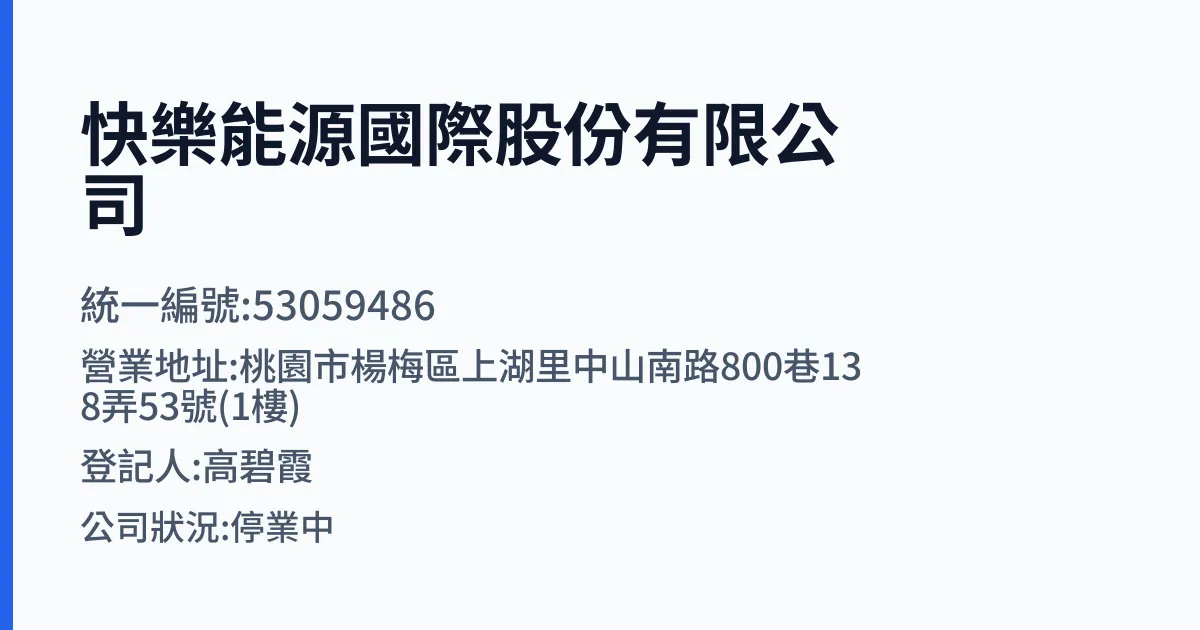 快樂能源國際股份有限公司 - 統編 53059486(桃園市) 公司登記資料與營業項目詳細圖表
