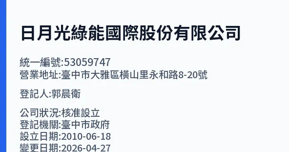 日月光綠能國際股份有限公司的照片-統編 53059747(臺中市) 公司登記資料與營業項目詳細圖表