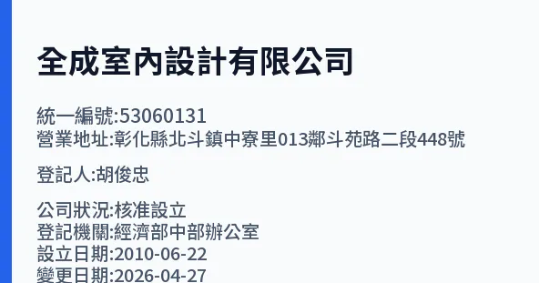 全成室內設計有限公司的照片-統編 53060131(彰化縣) 公司登記資料與營業項目詳細圖表