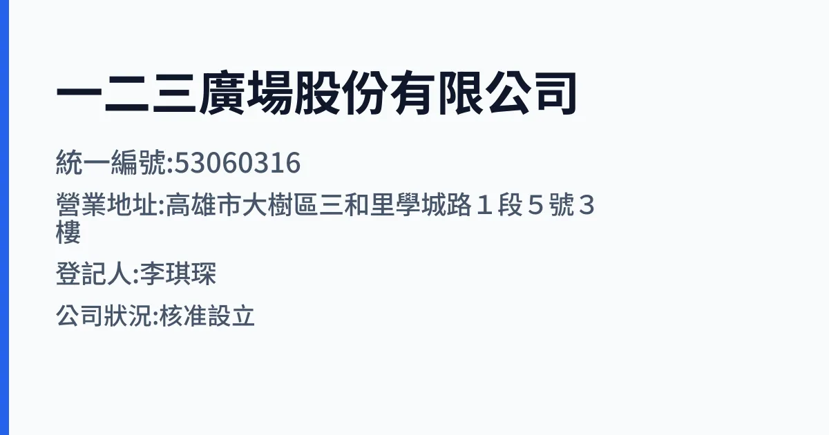 一二三廣場股份有限公司 - 統編 53060316(高雄市) 公司登記資料與營業項目詳細圖表