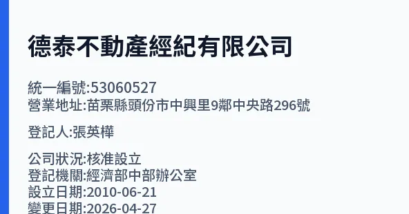 德泰不動產經紀有限公司的照片-統編 53060527(苗栗縣) 公司登記資料與營業項目詳細圖表