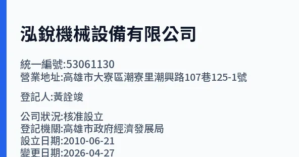 泓銳機械設備有限公司的照片-統編 53061130(高雄市) 公司登記資料與營業項目詳細圖表