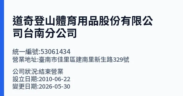 道奇登山體育用品股份有限公司台南分公司的照片-統編 53061434(臺南市) 公司登記資料與營業項目詳細圖表