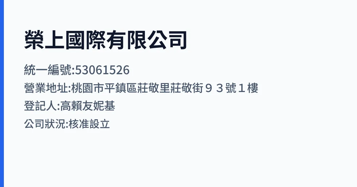 榮上國際有限公司 - 統編 53061526(桃園市) 公司登記資料與營業項目詳細圖表