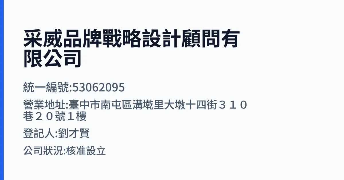采威品牌戰略設計顧問有限公司 - 統編 53062095(臺中市) 公司登記資料與營業項目詳細圖表
