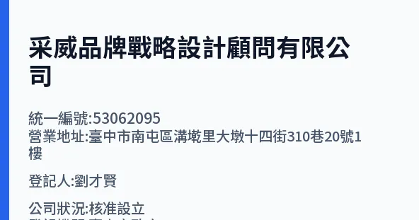 采威品牌戰略設計顧問有限公司的照片-統編 53062095(臺中市) 公司登記資料與營業項目詳細圖表