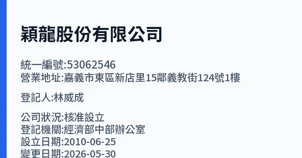 穎龍股份有限公司的照片-統編 53062546(嘉義市) 公司登記資料與營業項目詳細圖表