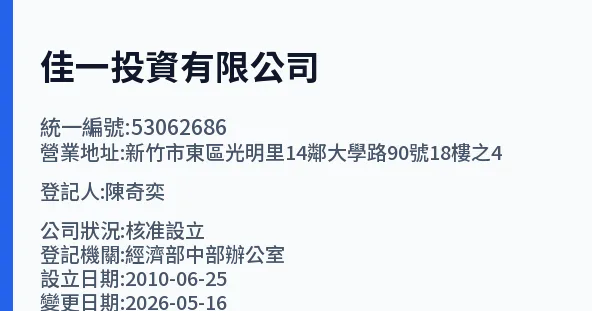 佳一投資有限公司的照片-統編 53062686(新竹市) 公司登記資料與營業項目詳細圖表