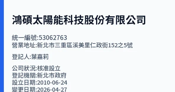 鴻碩太陽能科技股份有限公司的照片-統編 53062763(新北市) 公司登記資料與營業項目詳細圖表