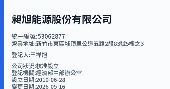 昶旭能源股份有限公司的照片-統編 53062877(新竹市) 公司登記資料與營業項目詳細圖表