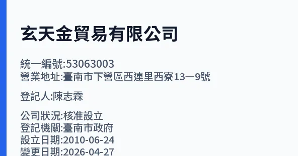 玄天金貿易有限公司的照片-統編 53063003(臺南市) 公司登記資料與營業項目詳細圖表
