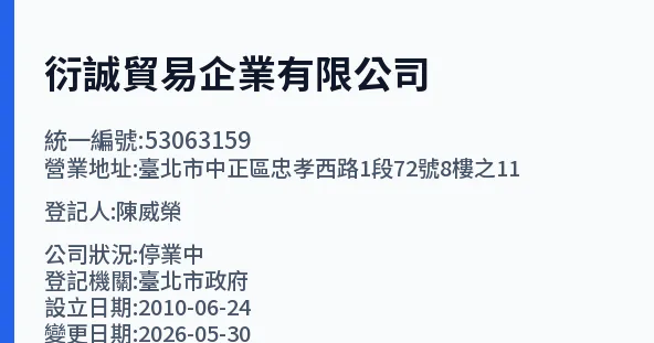 衍誠貿易企業有限公司的照片-統編 53063159(臺北市) 公司登記資料與營業項目詳細圖表
