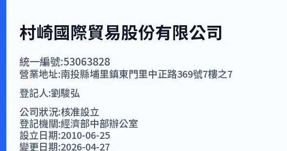 村崎國際貿易股份有限公司的照片-統編 53063828(南投縣) 公司登記資料與營業項目詳細圖表