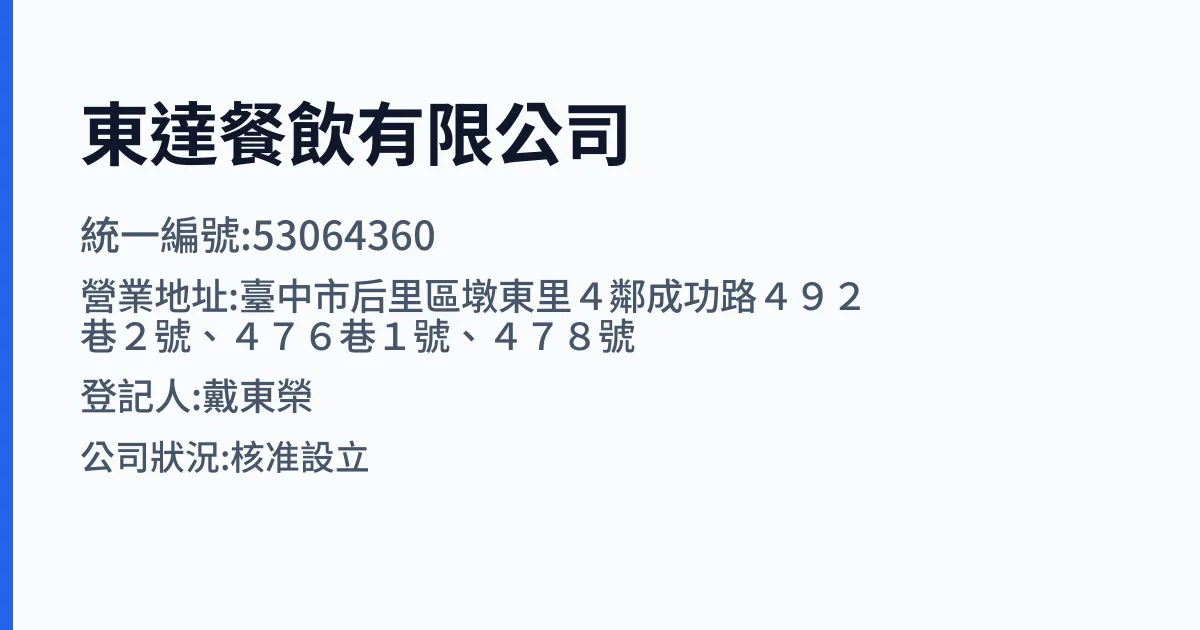 東達餐飲有限公司 - 統編 53064360(臺中市) 公司登記資料與營業項目詳細圖表