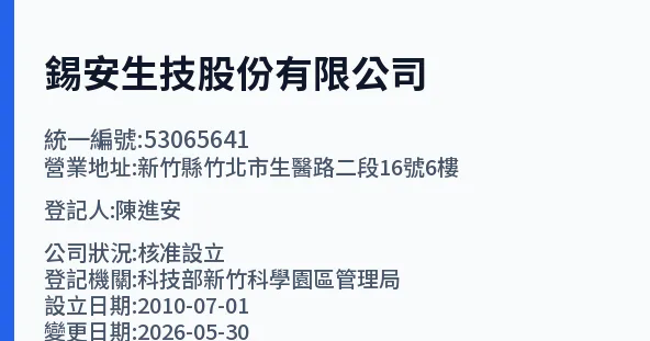 錫安生技股份有限公司的照片-統編 53065641(新竹縣) 公司登記資料與營業項目詳細圖表