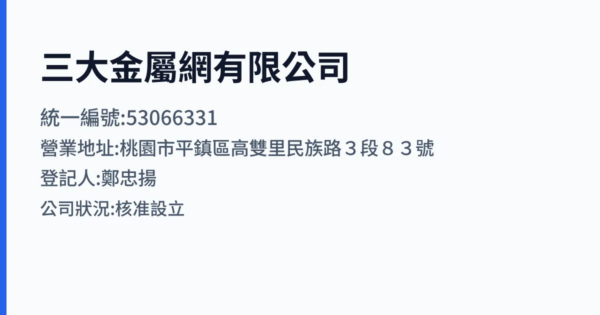 三大金屬網有限公司 - 統編 53066331(桃園市) 公司登記資料與營業項目詳細圖表