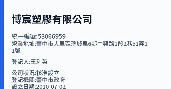 博宸塑膠有限公司的照片-統編 53066959(臺中市) 公司登記資料與營業項目詳細圖表