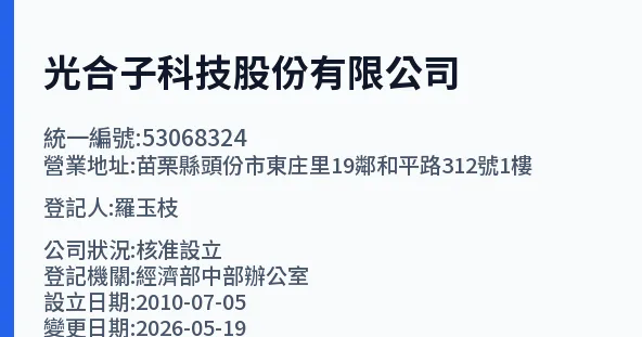 光合子科技股份有限公司的照片-統編 53068324(苗栗縣) 公司登記資料與營業項目詳細圖表