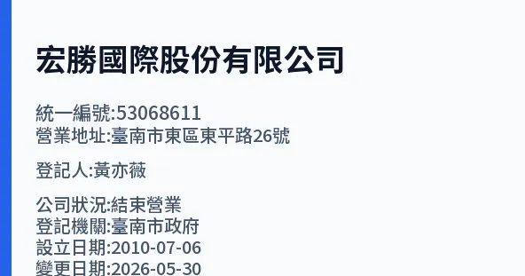 宏勝國際股份有限公司的照片-統編 53068611(臺南市) 公司登記資料與營業項目詳細圖表