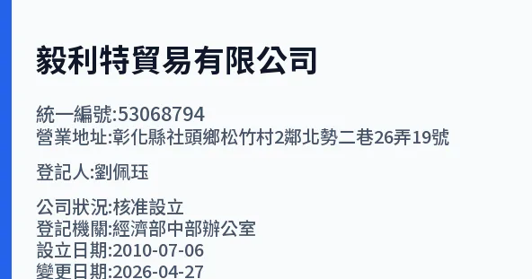 毅利特貿易有限公司的照片-統編 53068794(彰化縣) 公司登記資料與營業項目詳細圖表