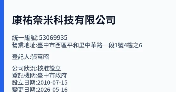 康祐奈米科技有限公司的照片-統編 53069935(臺中市) 公司登記資料與營業項目詳細圖表