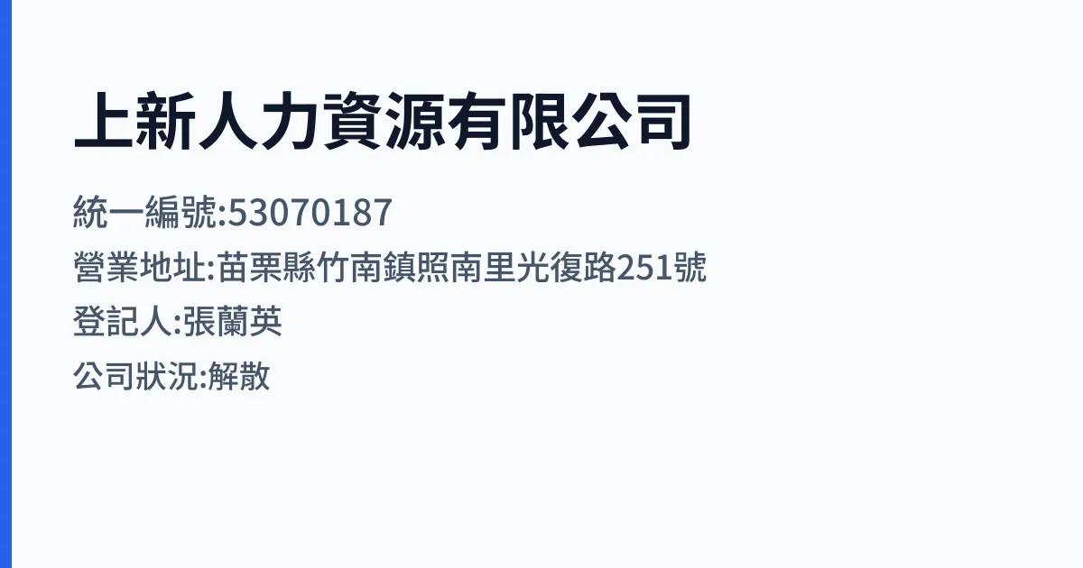上新人力資源有限公司 - 統編 53070187（苗栗縣） 公司登記資料與營業項目詳細圖表