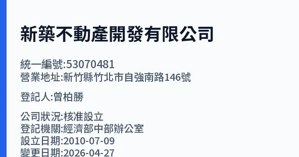 新築不動產開發有限公司的照片-統編 53070481(新竹縣) 公司登記資料與營業項目詳細圖表