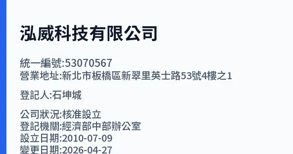 泓威科技有限公司的照片-統編 53070567(新北市) 公司登記資料與營業項目詳細圖表