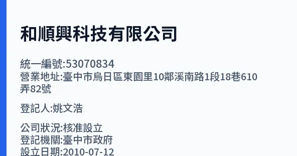和順興科技有限公司的照片-統編 53070834(臺中市) 公司登記資料與營業項目詳細圖表