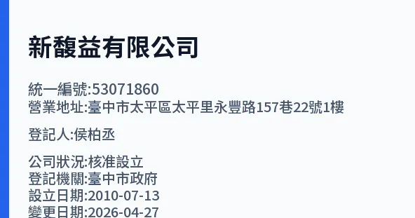 新馥益有限公司的照片-統編 53071860(臺中市) 公司登記資料與營業項目詳細圖表