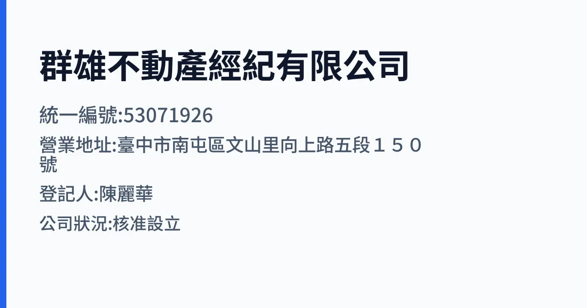 群雄不動產經紀有限公司 - 統編 53071926（臺中市） 公司登記資料與營業項目詳細圖表