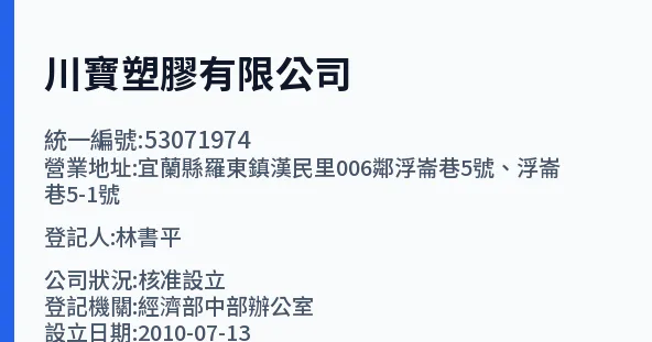 川寶塑膠有限公司的照片-統編 53071974(宜蘭縣) 公司登記資料與營業項目詳細圖表