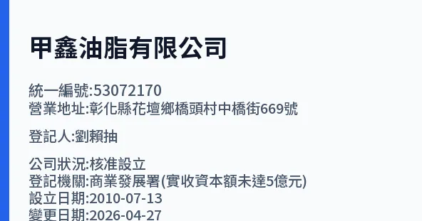甲鑫油脂有限公司的照片-統編 53072170(彰化縣) 公司登記資料與營業項目詳細圖表