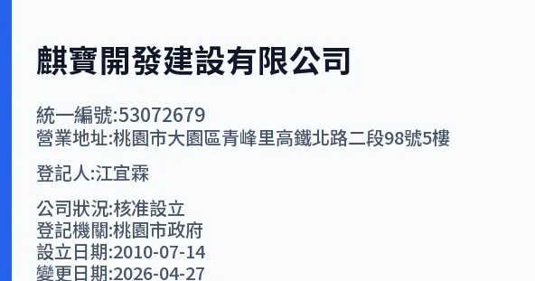 麒寶開發建設有限公司的照片-統編 53072679(桃園市) 公司登記資料與營業項目詳細圖表