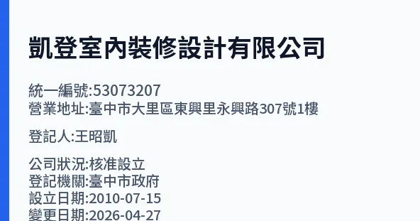 凱登室內裝修設計有限公司的照片-統編 53073207(臺中市) 公司登記資料與營業項目詳細圖表