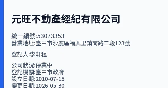 元旺不動產經紀有限公司的照片-統編 53073353(臺中市) 公司登記資料與營業項目詳細圖表