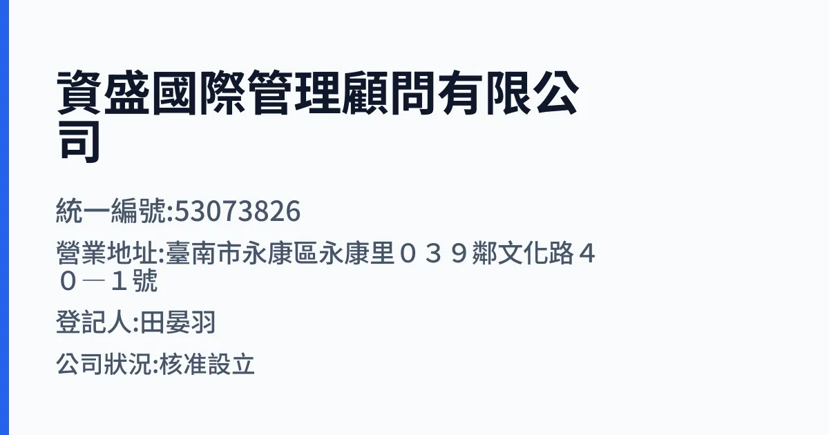 資盛國際管理顧問有限公司 - 統編 53073826(臺南市) 公司登記資料與營業項目詳細圖表