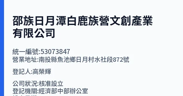 邵族日月潭白鹿族營文創產業有限公司的照片-統編 53073847(南投縣) 公司登記資料與營業項目詳細圖表