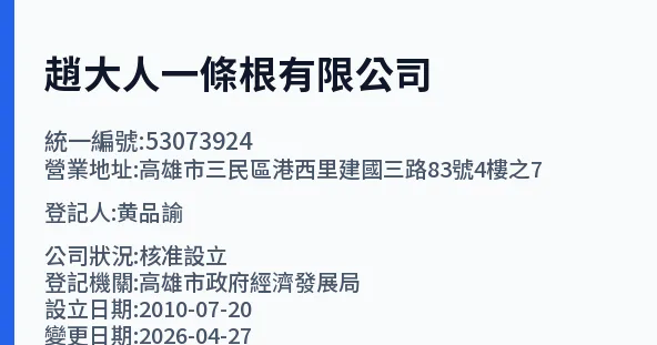 趙大人一條根有限公司的照片-統編 53073924(高雄市) 公司登記資料與營業項目詳細圖表
