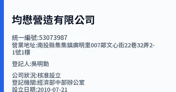 均懋營造有限公司的照片-統編 53073987(南投縣) 公司登記資料與營業項目詳細圖表