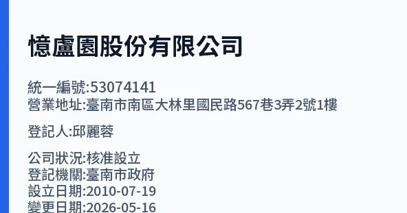 憶盧園股份有限公司的照片-統編 53074141(臺南市) 公司登記資料與營業項目詳細圖表